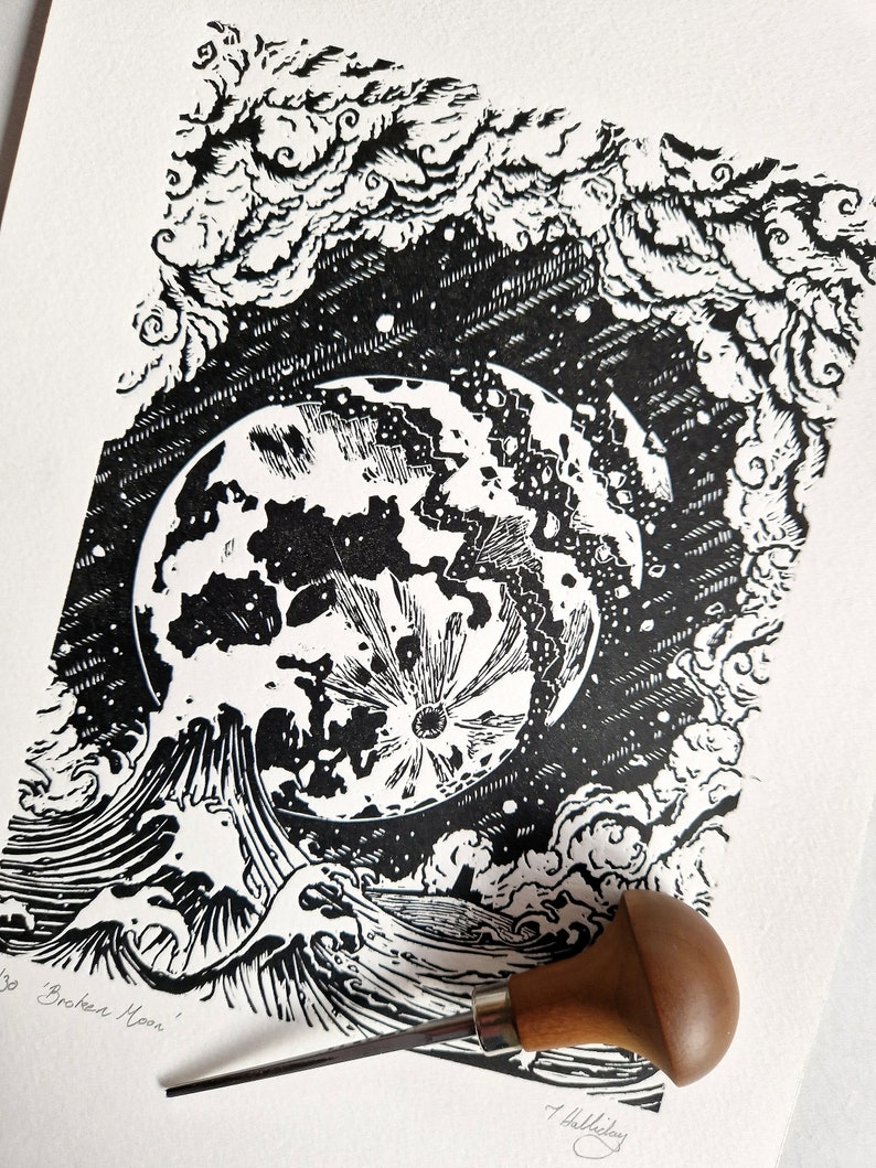 Broken Moon - Original Lino Print - Etsy