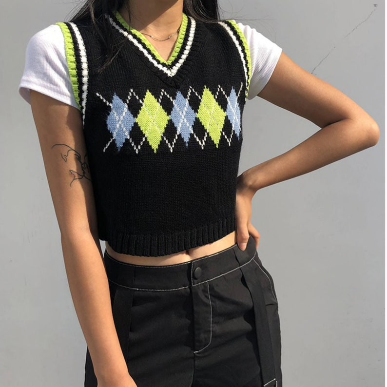 Y2k Argyle Plaid Vest E Girl V Neck Knit Crop Top Preppy Etsy