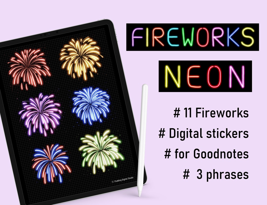 Digital Stickers Neon Fireworks Stickers, Pre-cropped for Goodnotes, 10 ...