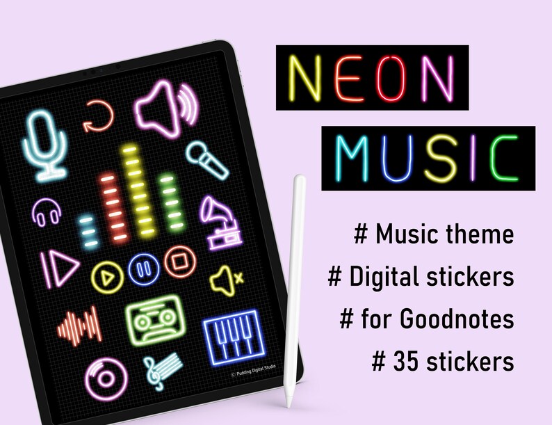 Digital Stickers - Neon Sign Music Stickers, Pre-cropped for Goodnotes ...