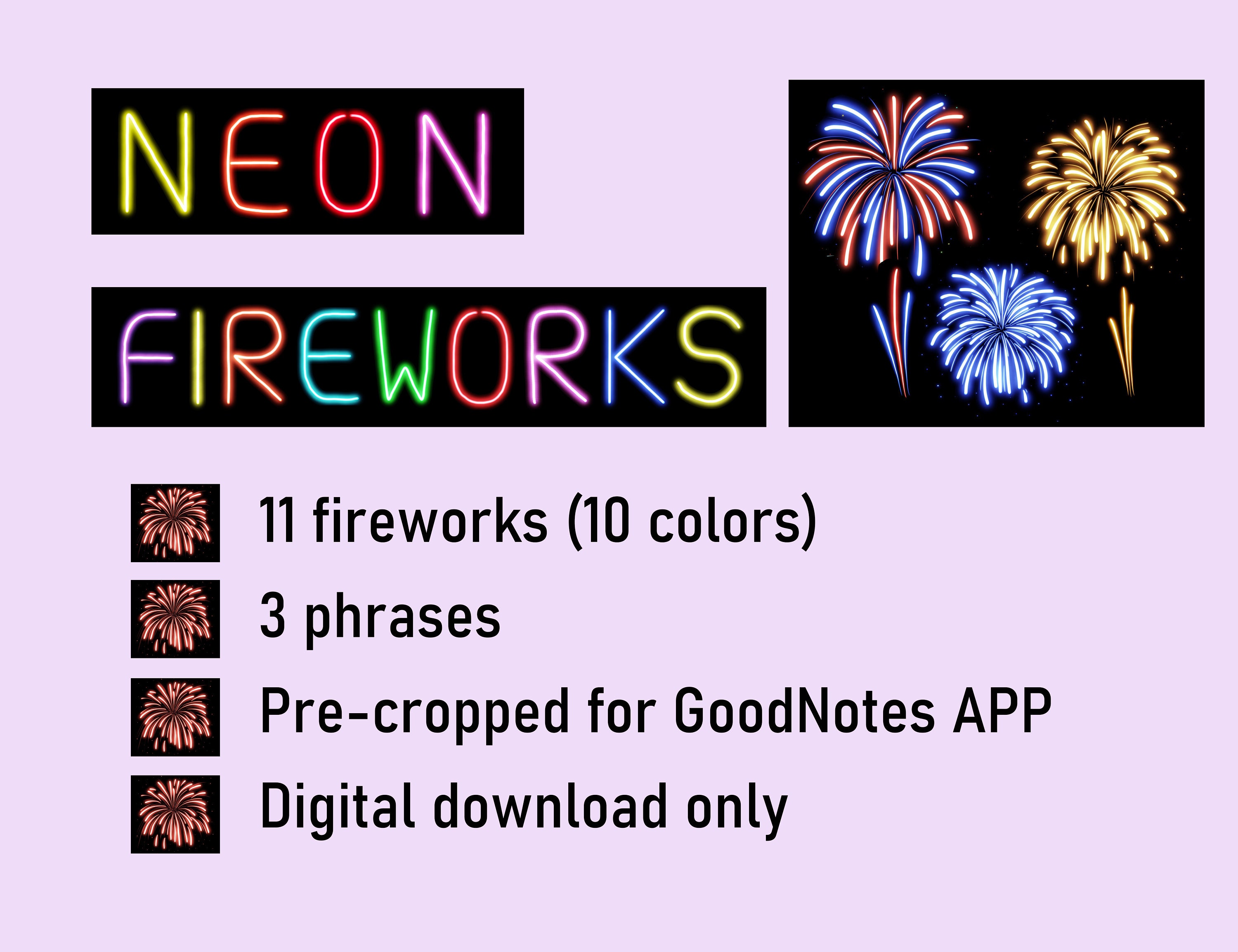 Digital Stickers Neon Fireworks Stickers, Pre-cropped for Goodnotes, 10 ...
