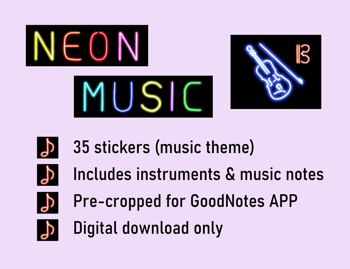 Digital Stickers - Neon Sign Music Stickers, Pre-cropped for Goodnotes ...