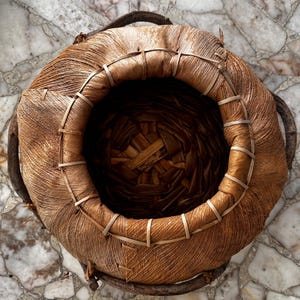 Handwoven Natural Fiber Basket With Wooden Rim | Rustic Boho Home Decor ...