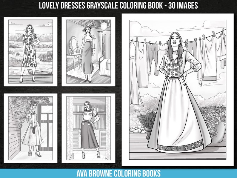 Ava Browne Coloring Books Lovely Dresses Grayscale Adult Etsy