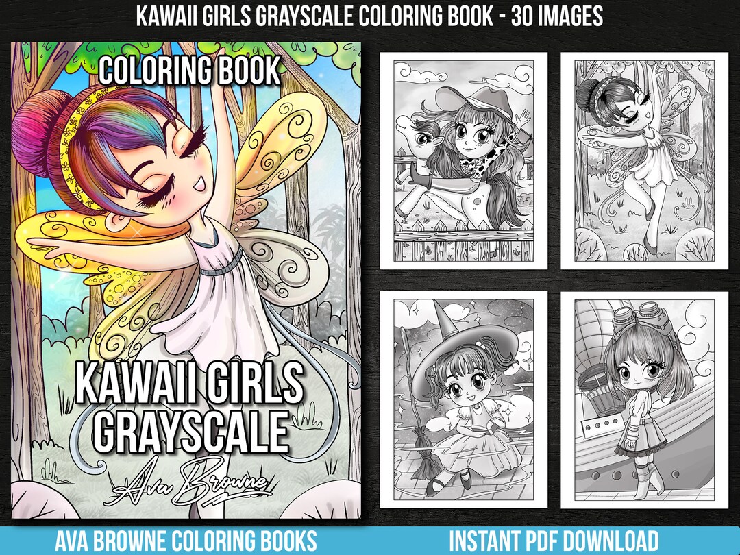 Ava Browne Coloring Books | Kawaii Girls Grayscale Coloring Book, Gift ...