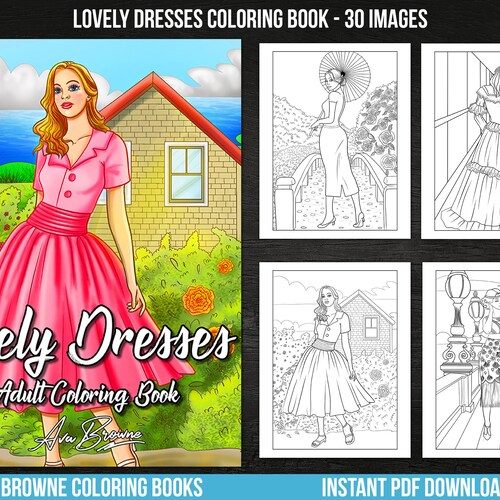 Ava Browne Coloring Books Lovely Dresses Grayscale Adult Etsy