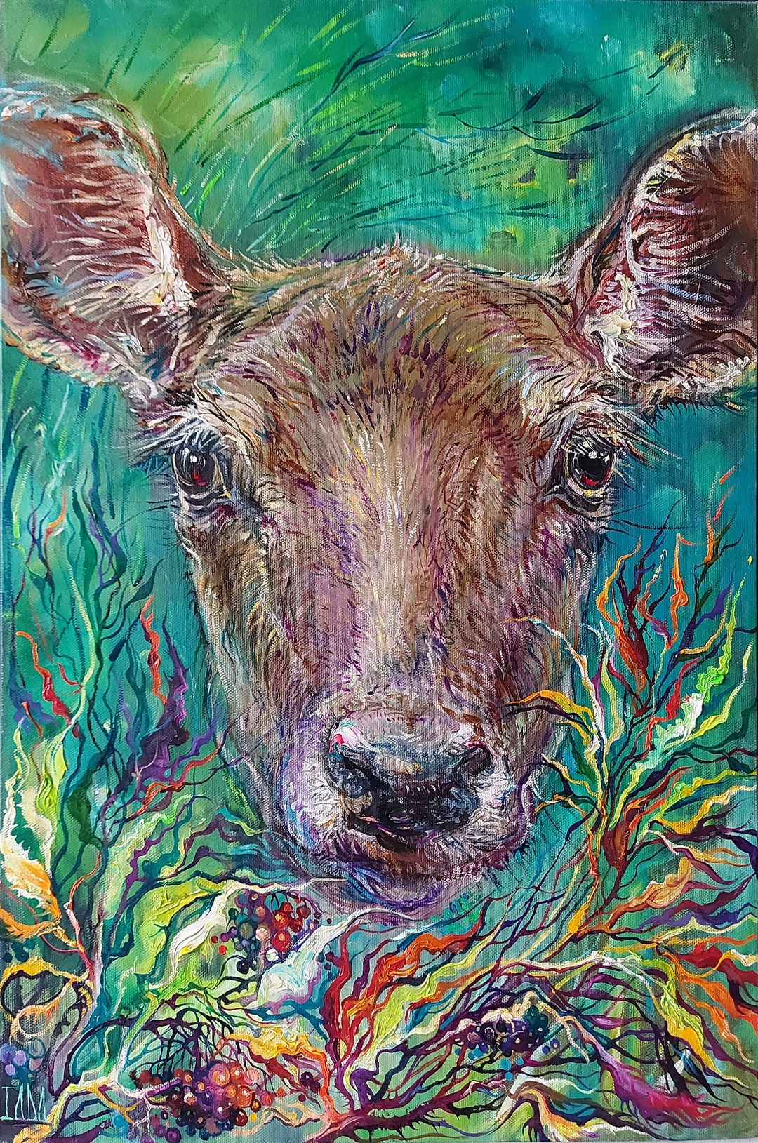 Doe Canvas Painting Wild Fawn Animal Prey Baby Deer Eyes Forest Green ...