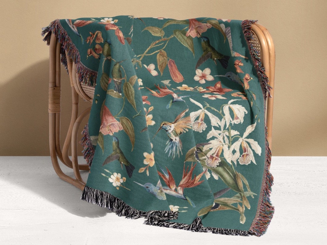 Green Hummingbirds & Birds of Paradise Woven Throw Blanket, Beautiful ...