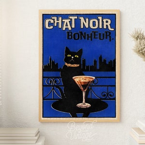 Funny Retro Vintage French Cat Poster, Black Cat Espresso Martini Large ...
