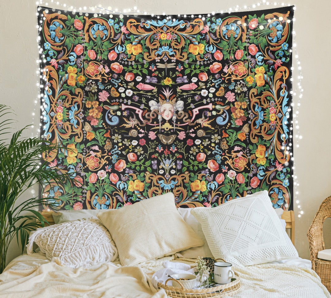 Floral Dark Cottagecore Tapestry Wall Hanging Art for Bedroom or Dorm ...