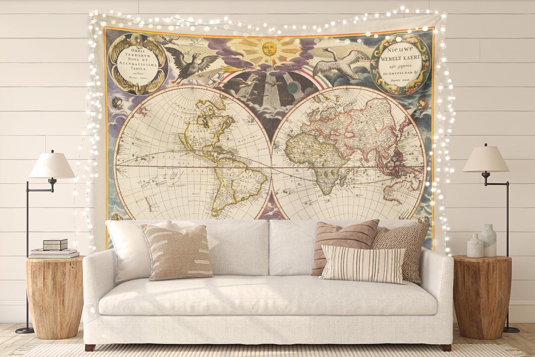 Vintage World Map Tapestry: Polyester Wall Hanging Decor - Etsy