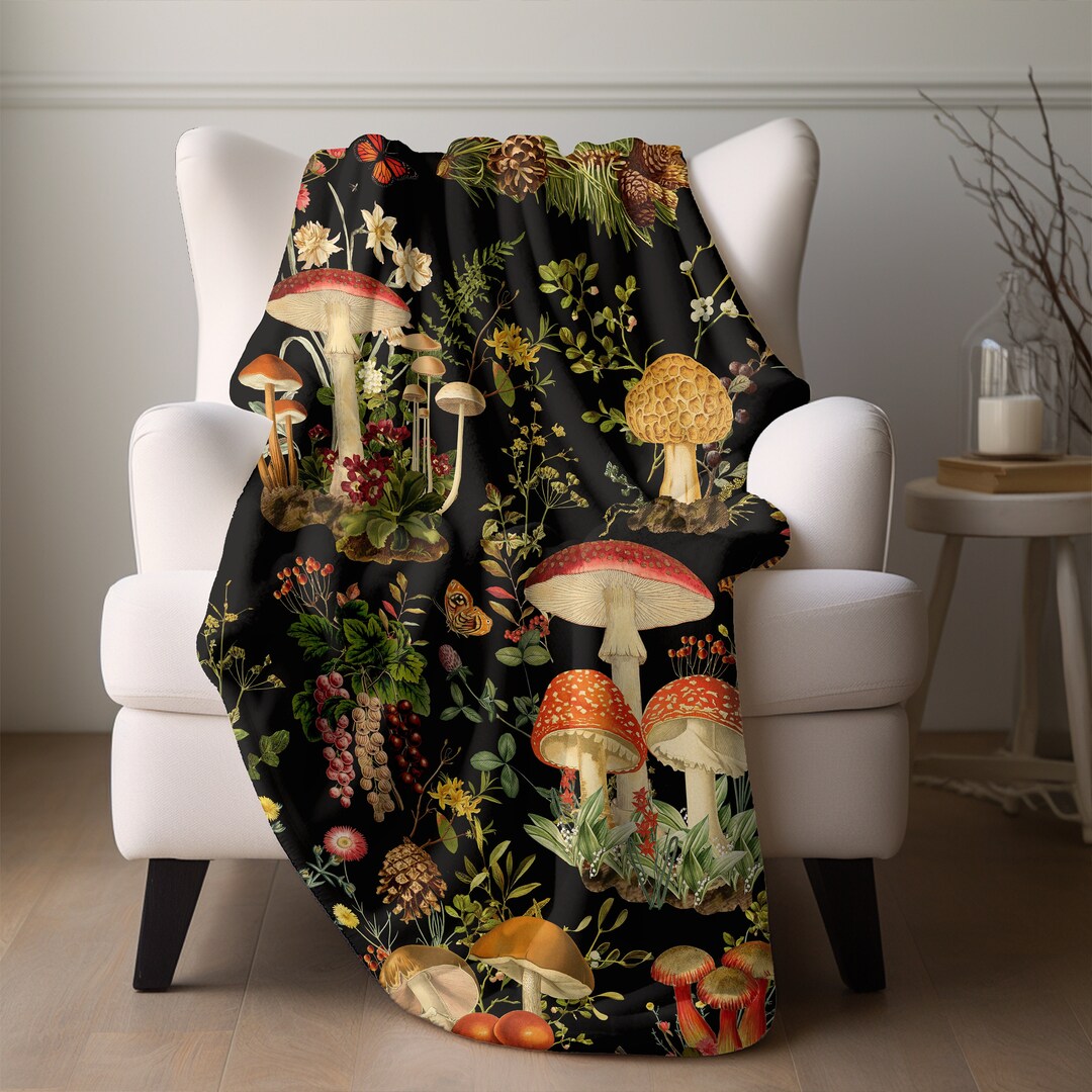 Cozy Mushroom and Wildflowers Dark Cottagecore Blanket Vintage Mushroom ...