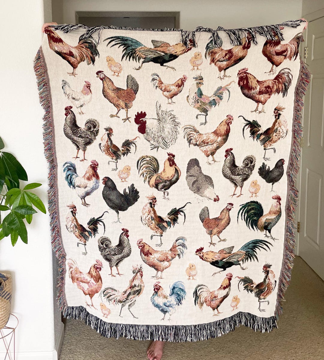 Chicken & Rooster Woven Blanket: Farmhouse Hen Decor, Cotton Throw - Etsy