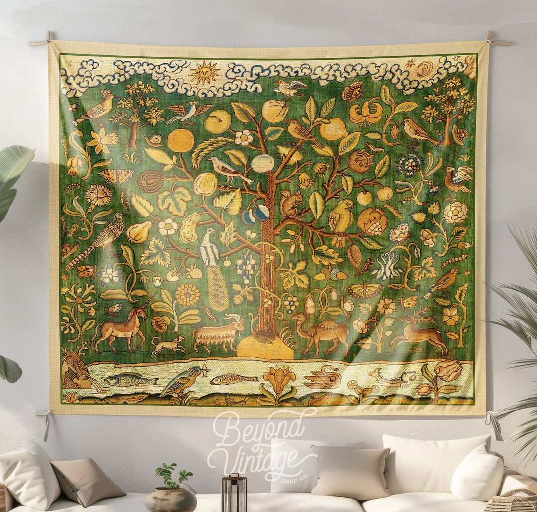 Tree of Life Tapestry, Medieval Vintage Animal Art Wall Hanging, Light ...