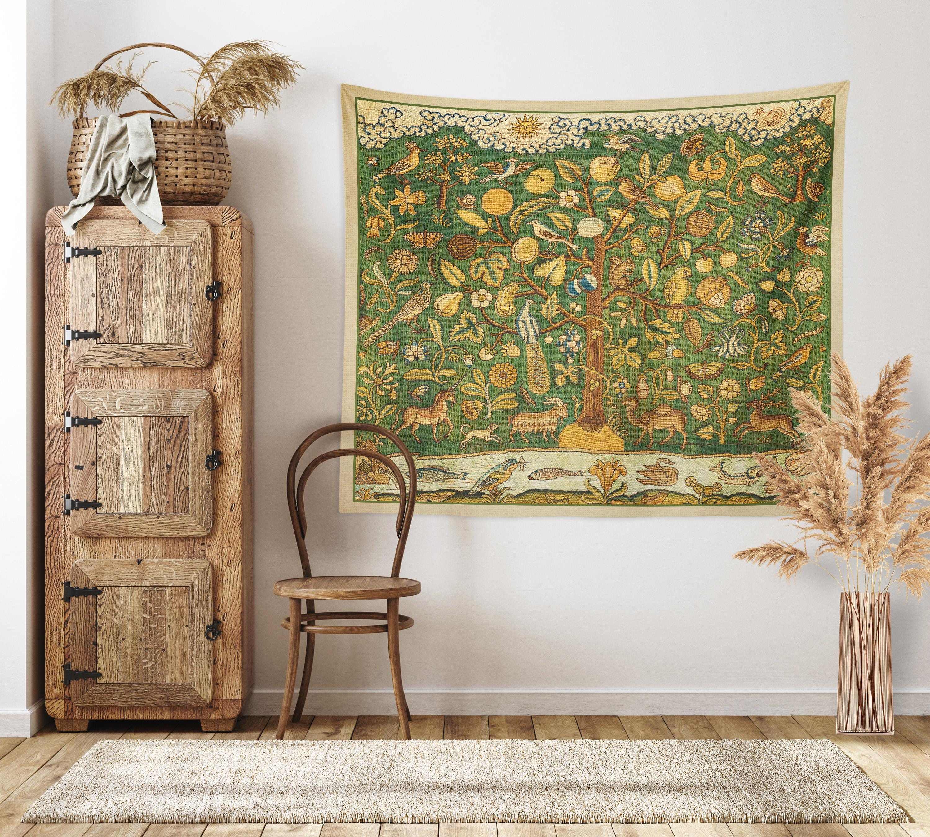 Tree of Life Tapestry, Medieval Vintage Animal Art Wall Hanging, Light ...