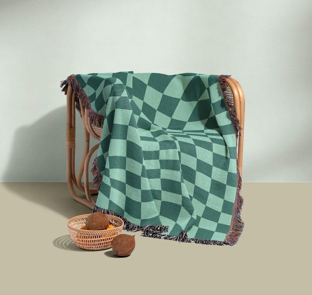 Green Checkered Blanket Woven Throw Blanket Cotton Boho Gifts for ...