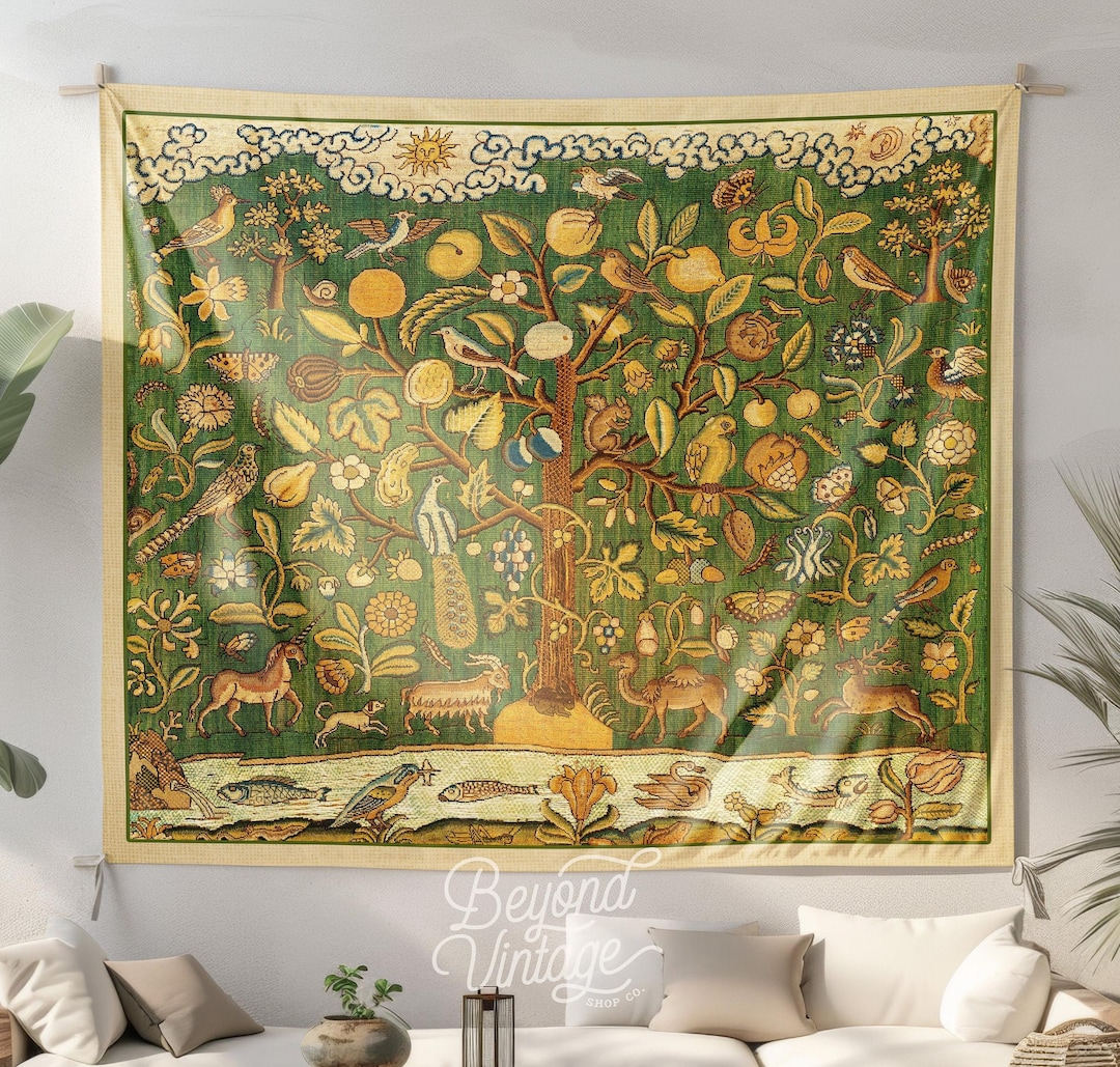 Tree of Life Tapestry, Medieval Vintage Animal Art Wall Hanging, Light ...