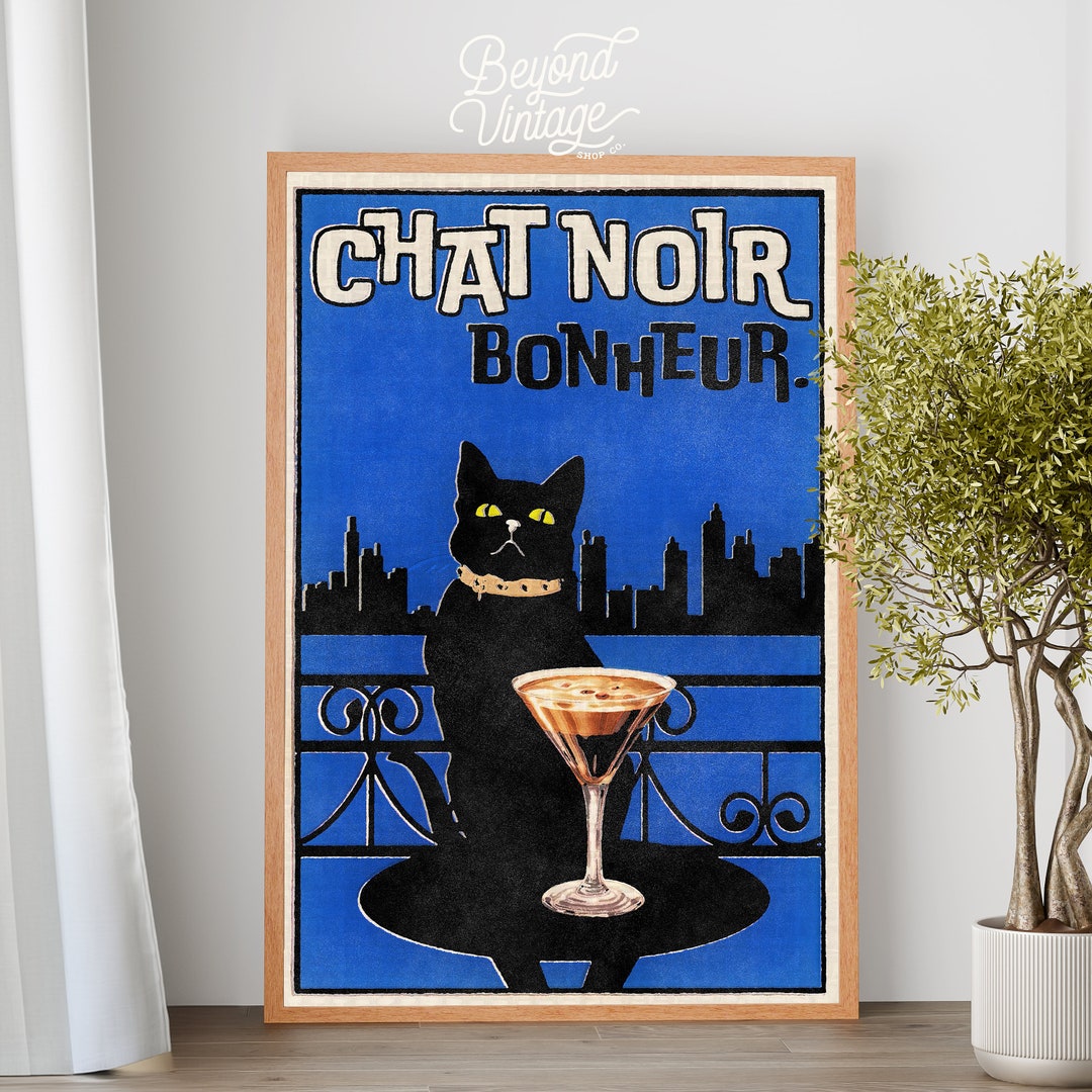 Funny Retro Vintage French Cat Poster, Black Cat Espresso Martini Large ...