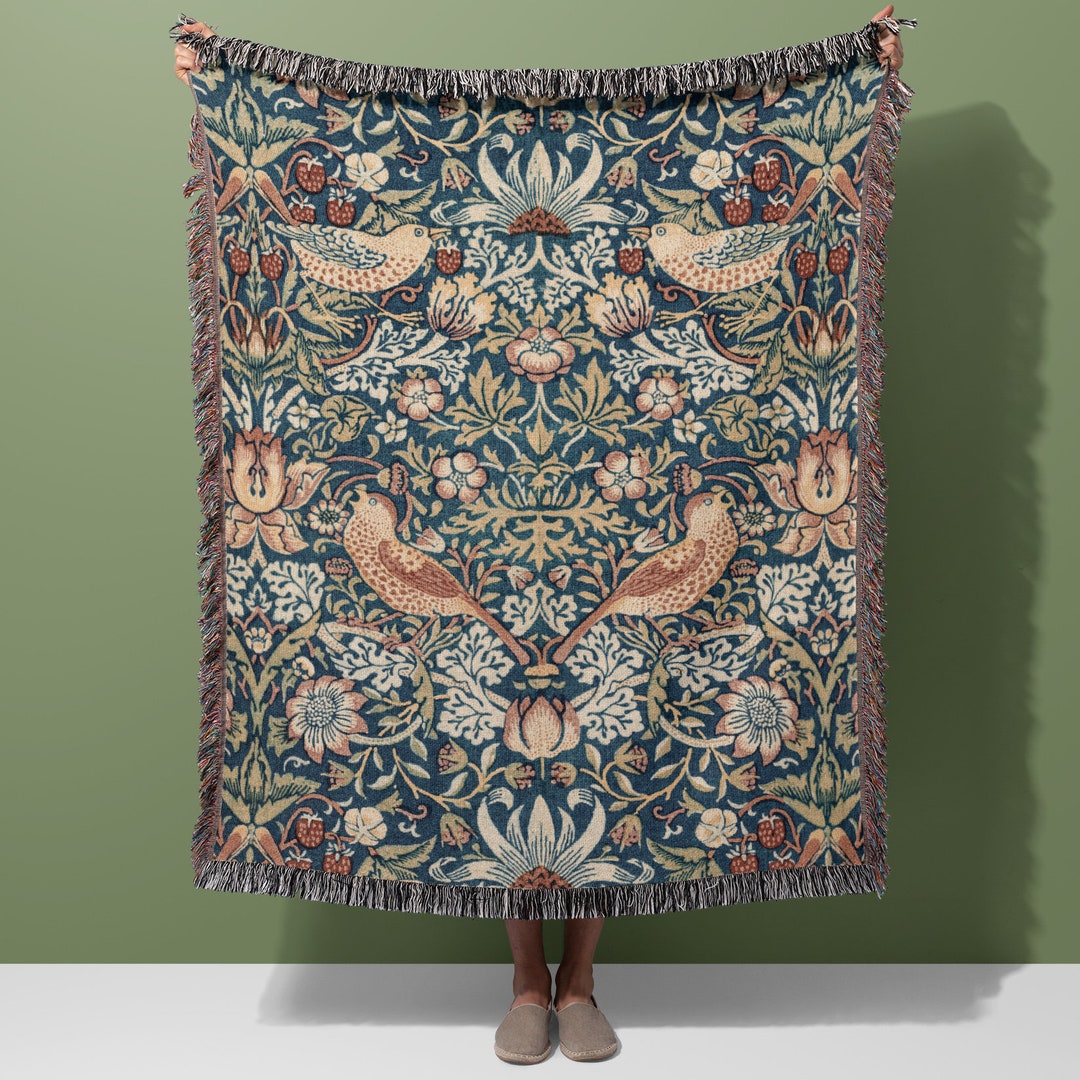 William Morris Strawberry Thief Woven Blanket, Vintage Art Birds ...