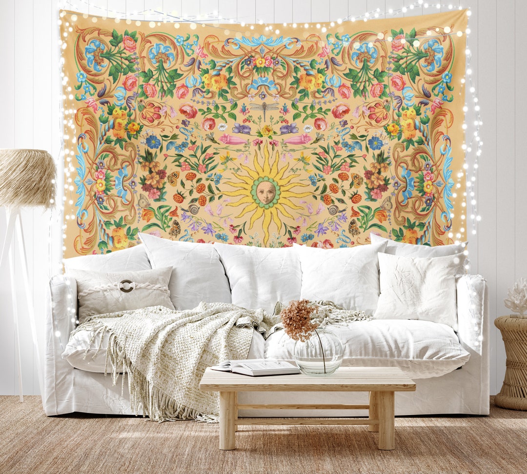 Floral Cottagecore Sun Tapestry Wall Hanging Art for Above Bed Decor ...