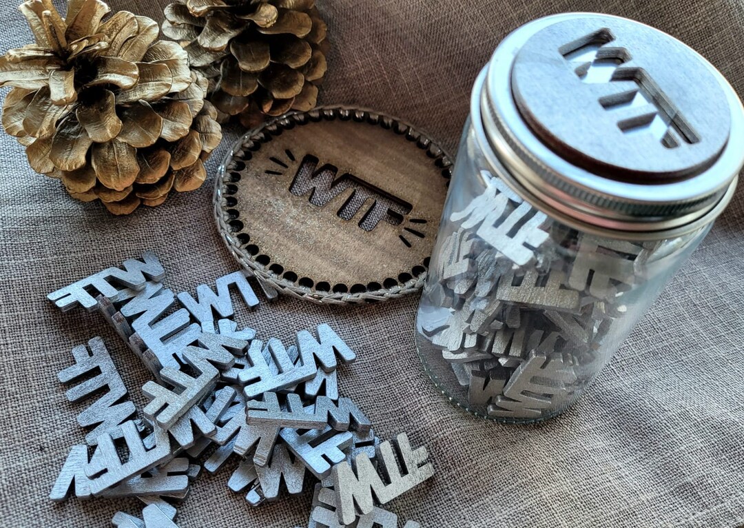 WTF Gift Jar With 65 Wooden Souvenirs and WTF Coaster - Wooden Words ...