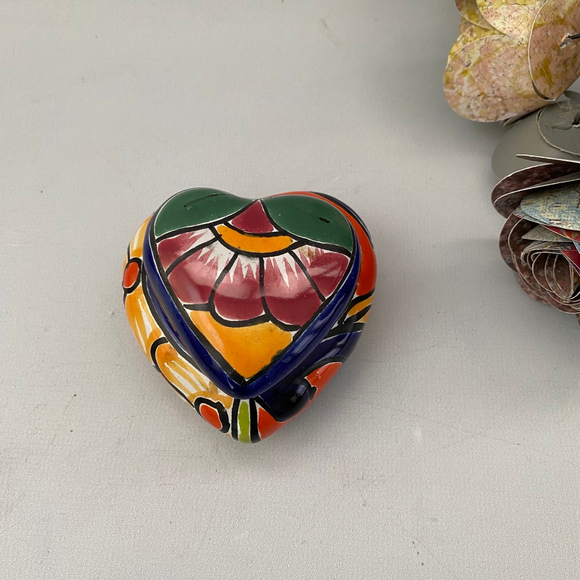 Vintage Handmade Mexican Talavera Heart Trinket Dish Jewelry Storage ...