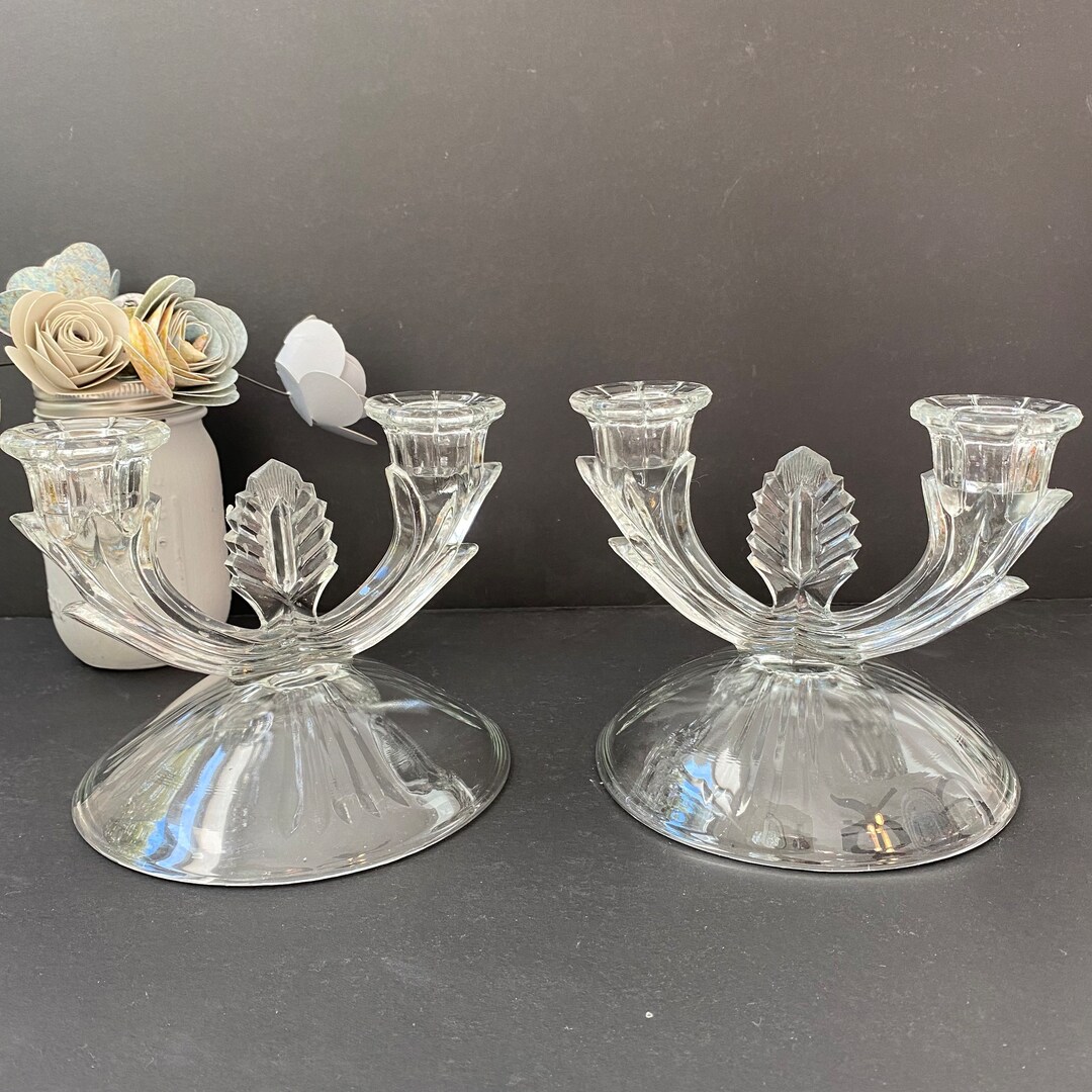Vintage Glass Double Arm Candle Holders, Pressed Glass Baroque Clear ...