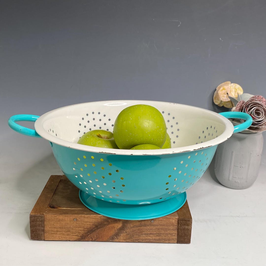 Vintage Turquoise Enamelware Colander Strainer, Turquoise Teal Chippy ...