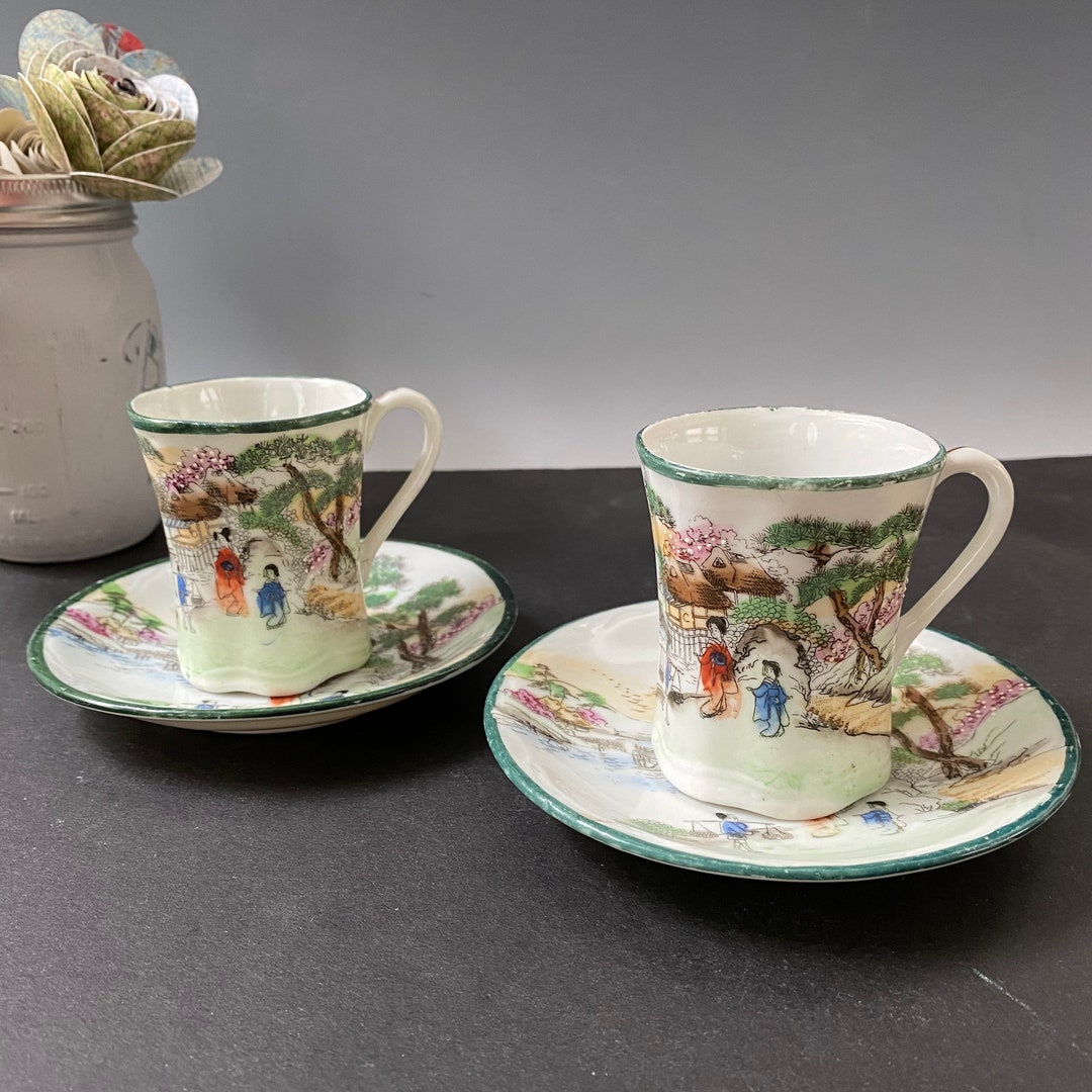 S/2 Vintage Porcelain Geisha Demitasse Tea Cups, Vintage Hand Painted ...
