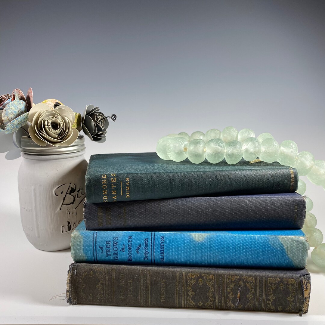 Set of 4 Vintage Blue Green Book Stack | Vintage Book Stack Decor ...