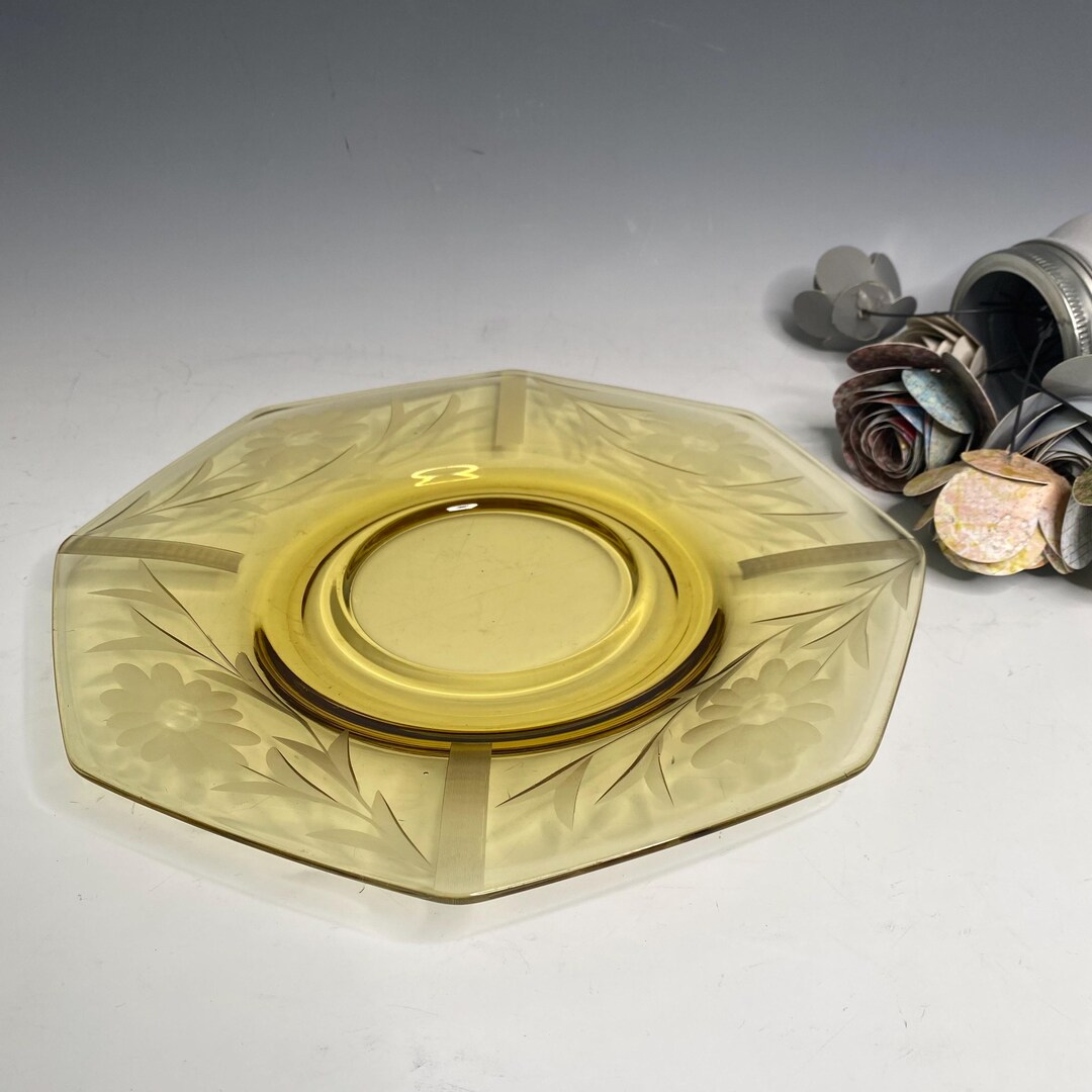 Vintage Yellow Depression Glass Floral Etched Serving Plate, Yellow ...