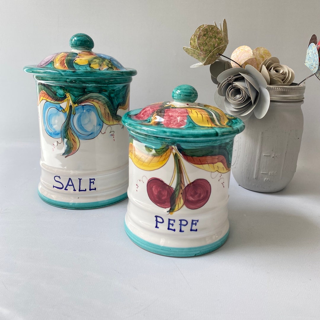 Italian Ceramic Salt and Pepper Jar Canister Set, Hand Painted Italian ...
