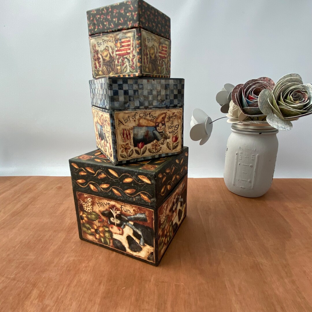 Lang Bob's Boxes Barnyard Stack Set of 3 Primitive Folk Stacking Boxes ...