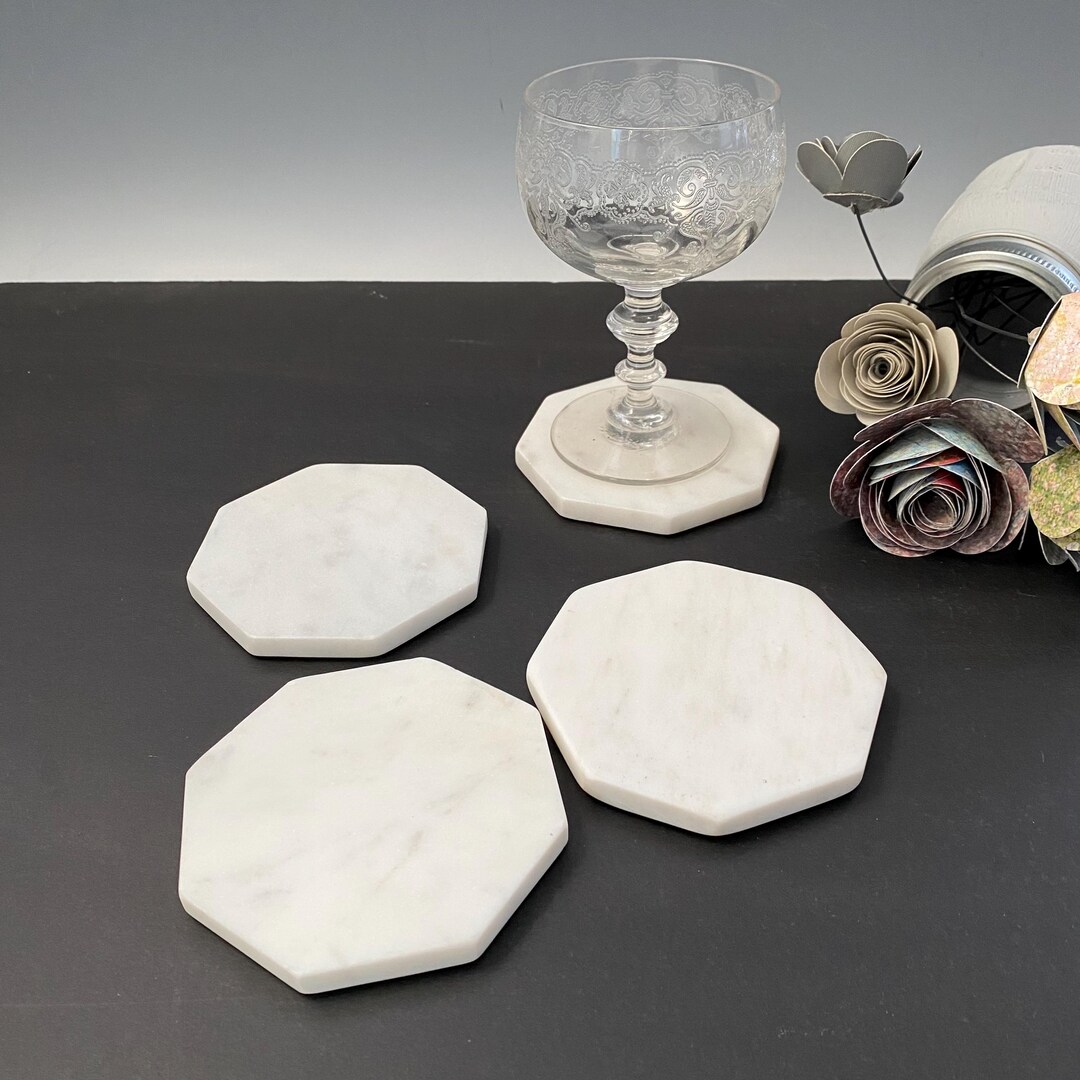 Set of 4, White Marble Octagon Coasters, Vintage Marble Coasters, White ...
