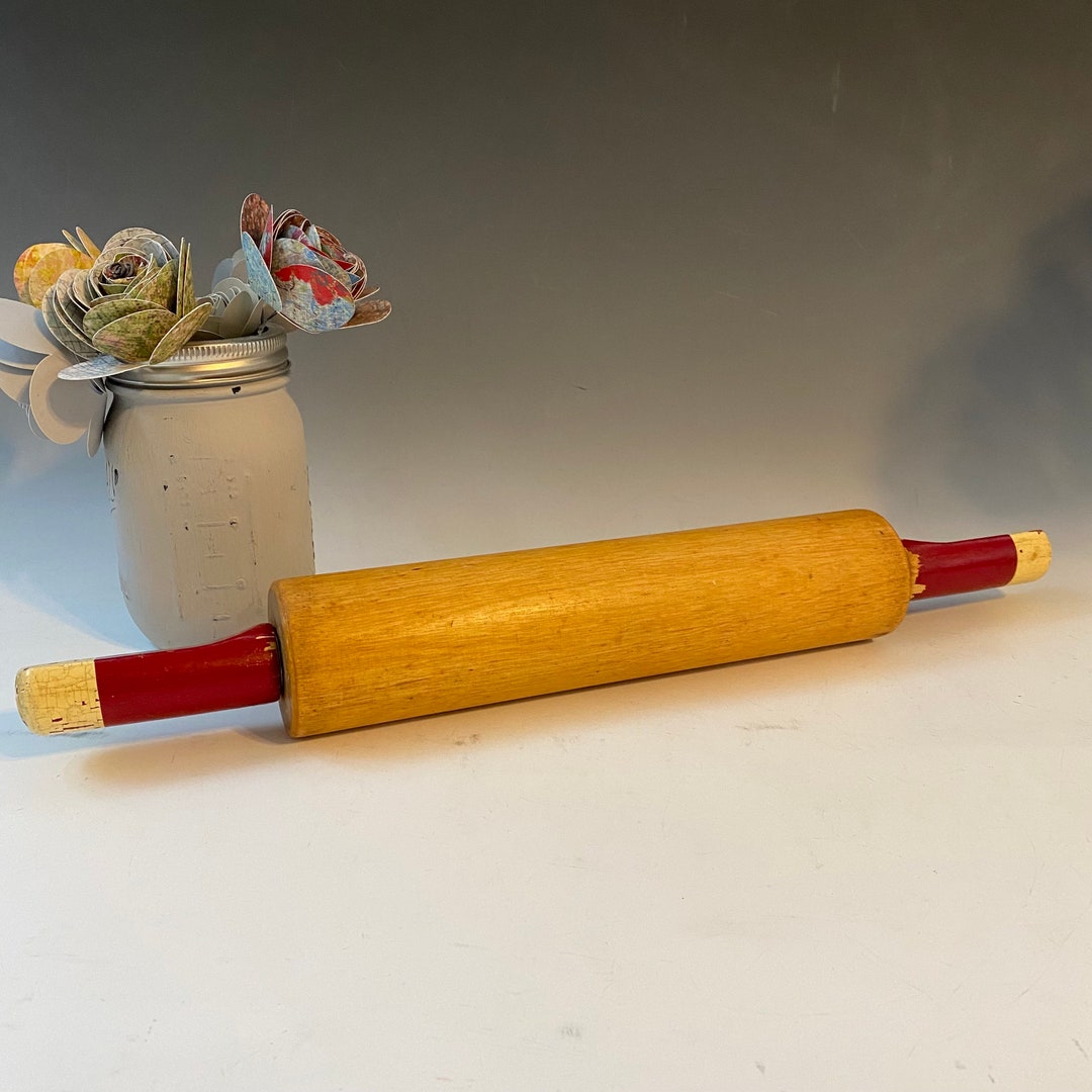 Vintage Red Cream Handle Wooden Rolling Pin, Vintage Farmhouse Rolling ...