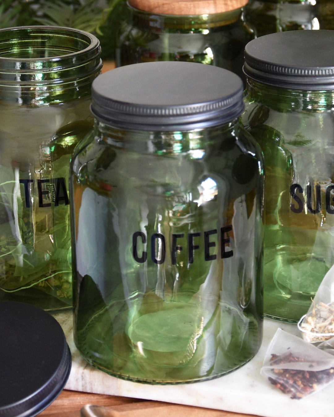 Chic Green Glass Coffee Storage Jar Vintage-inspired Kitchen Elegance ...