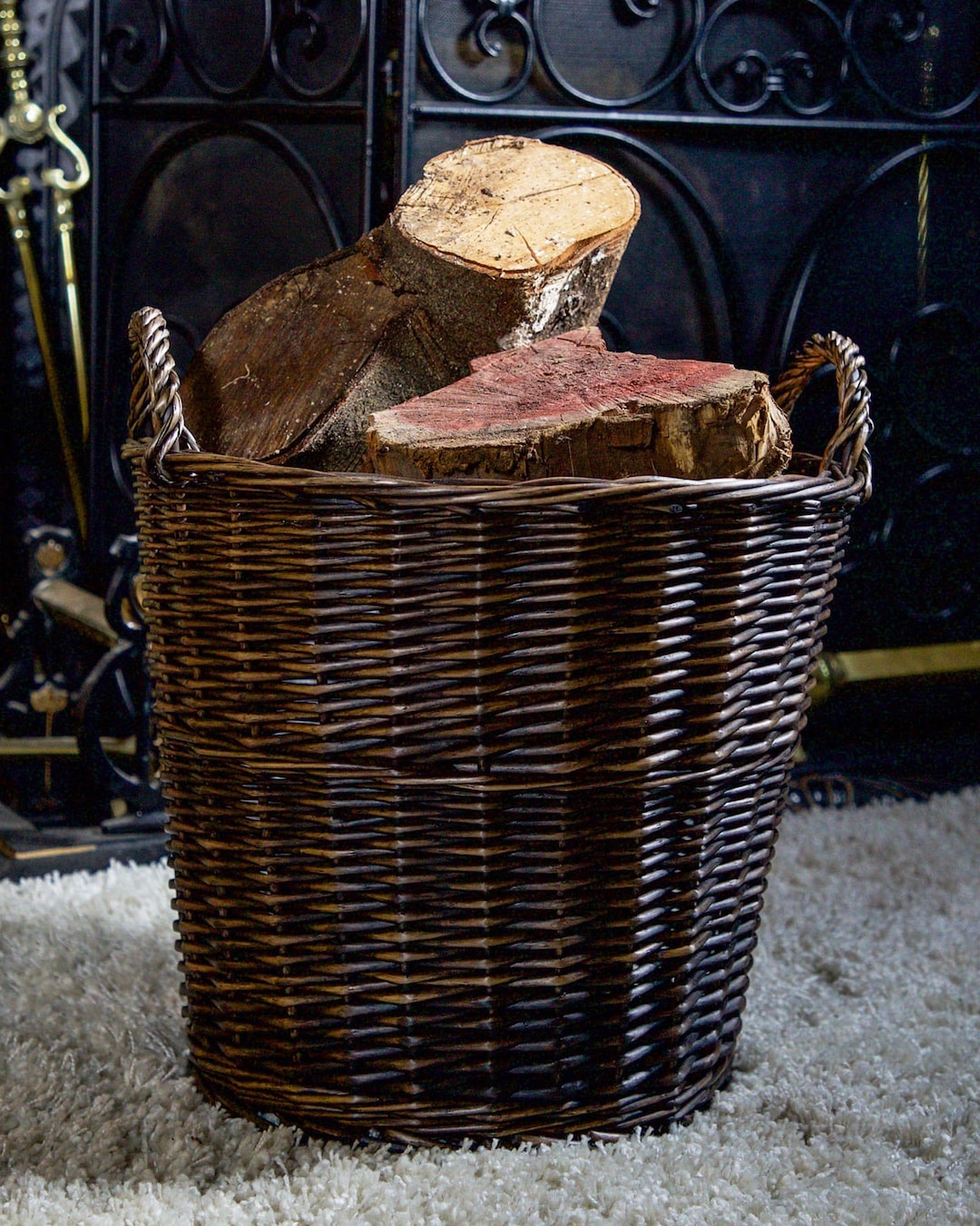 Rustic Dark Brown Round Wicker Log Basket Charming & Durable Home ...