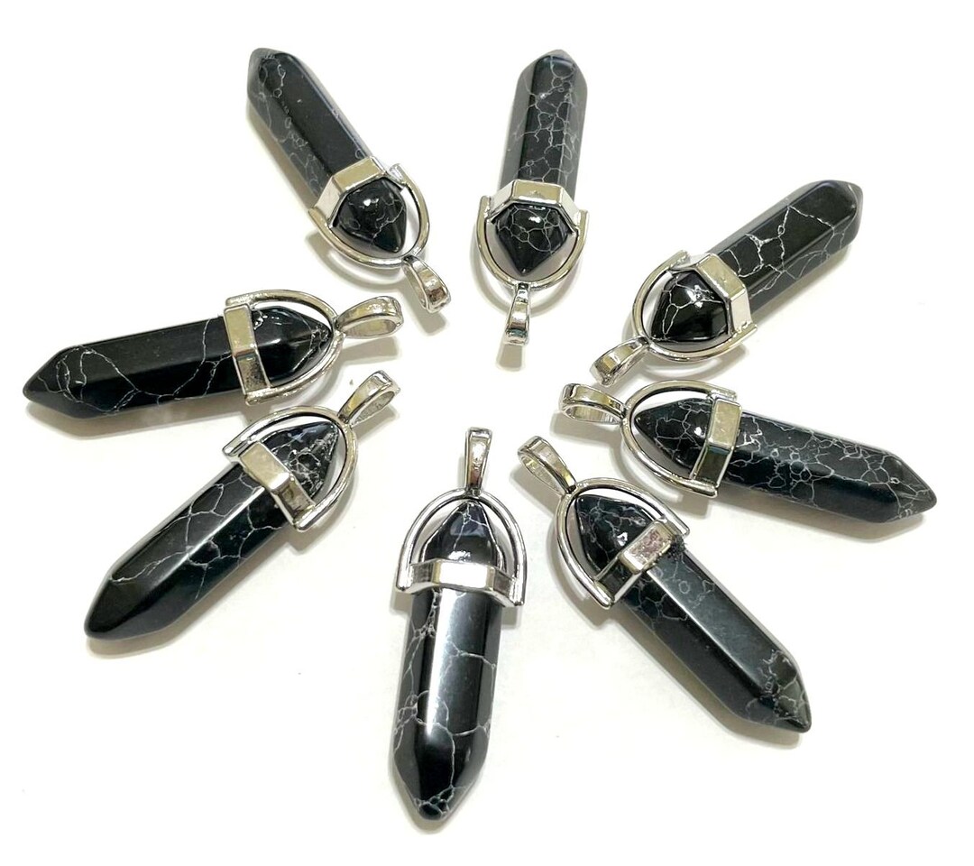1pc Black Howlite Point Pendants Silver Bail Hexagon Gemstone Point ...