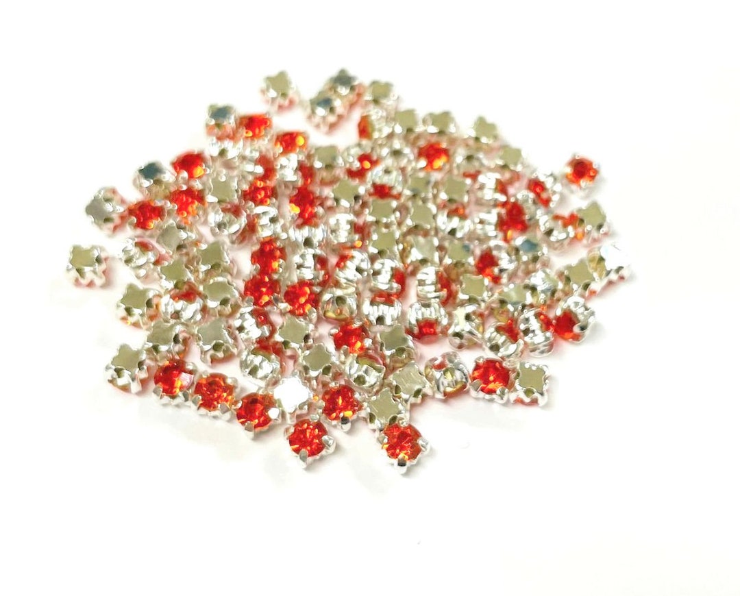 100 Orange Red Sew on Rhinestones 4mm Silver Plated Brass Setting( No ...