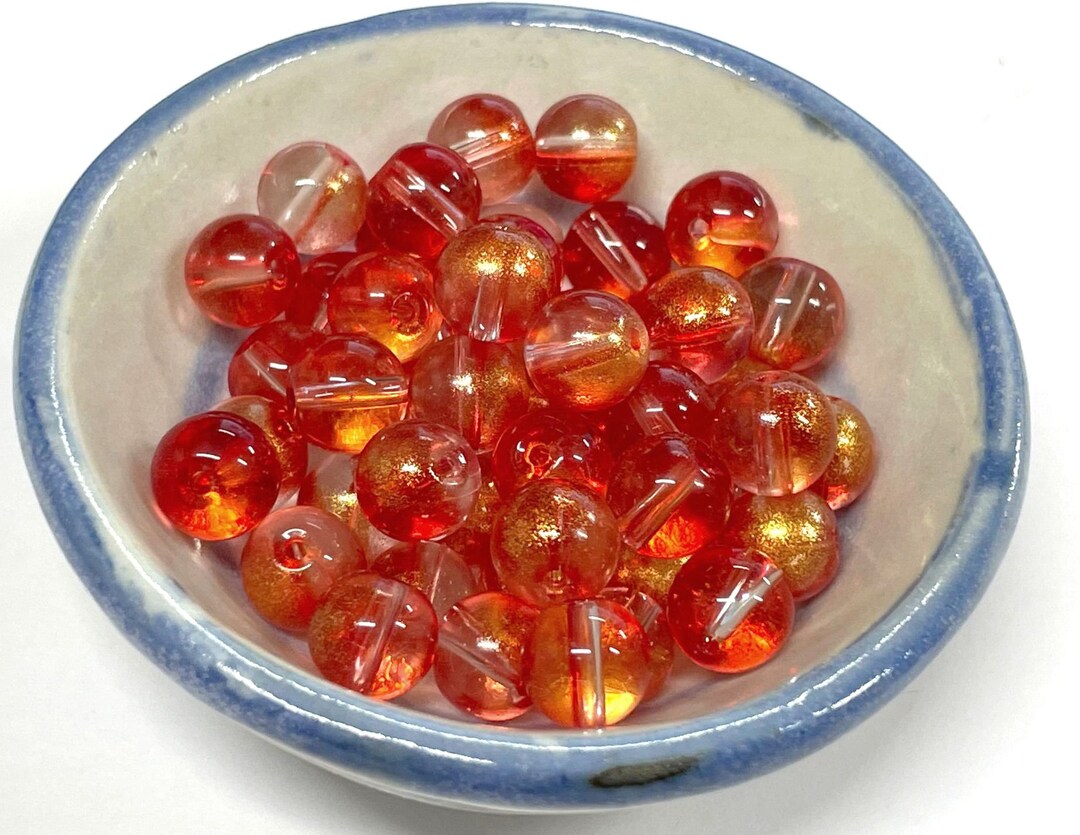 50pcs of Clear Red Round Glass Beads With Gold Glitter Powder 8mm (no ...