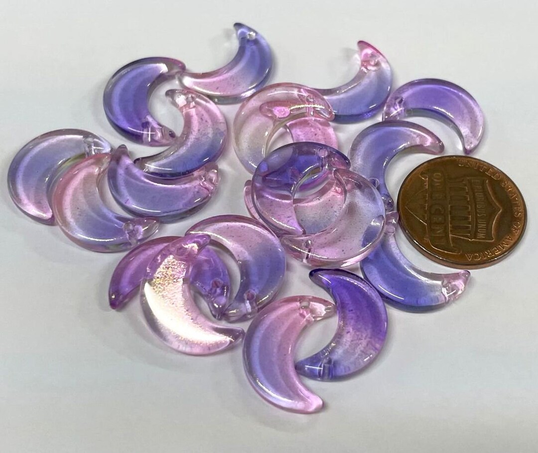 20pcs of Purple Gradient Crescent Moon Glass Beads With Gold Glitter ...