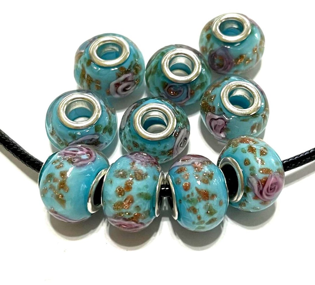 10pcs of Blue European Beads Large Hole Rondelle Beads 14x10mm Lampwork ...