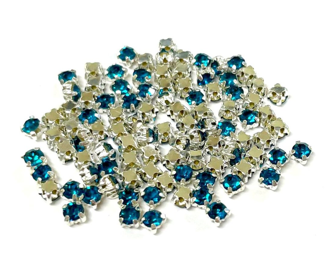 100pcs of Teal Blue Sew on Crystals Rhinestones With Silver Plated ...