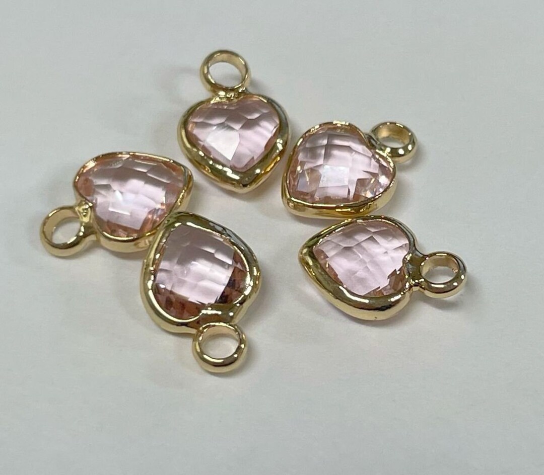 Pink Crystal Heart Charms: Gold Plated Rhinestone Pendants (5pcs)(no ...