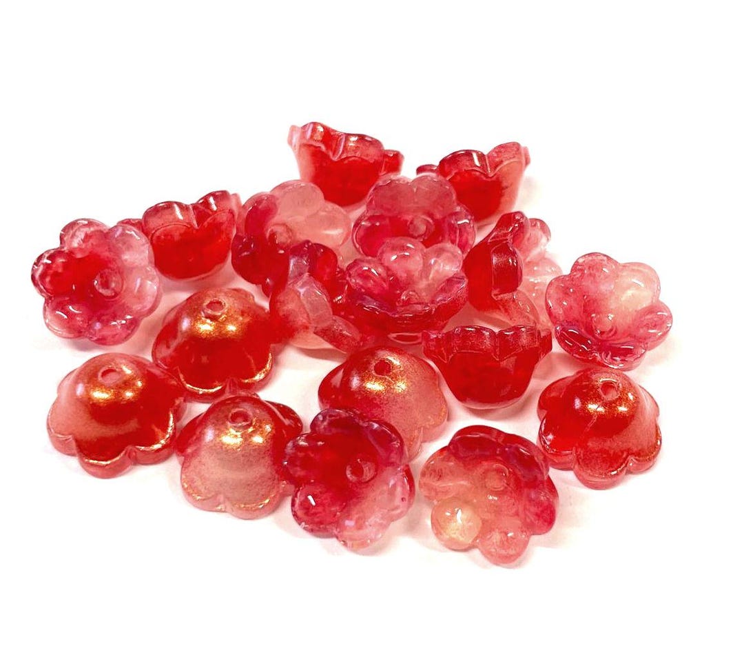 Red Pink Gradient Bell Flower Glass Beads Gold Glitter, 12x7mm (no.fl50 ...