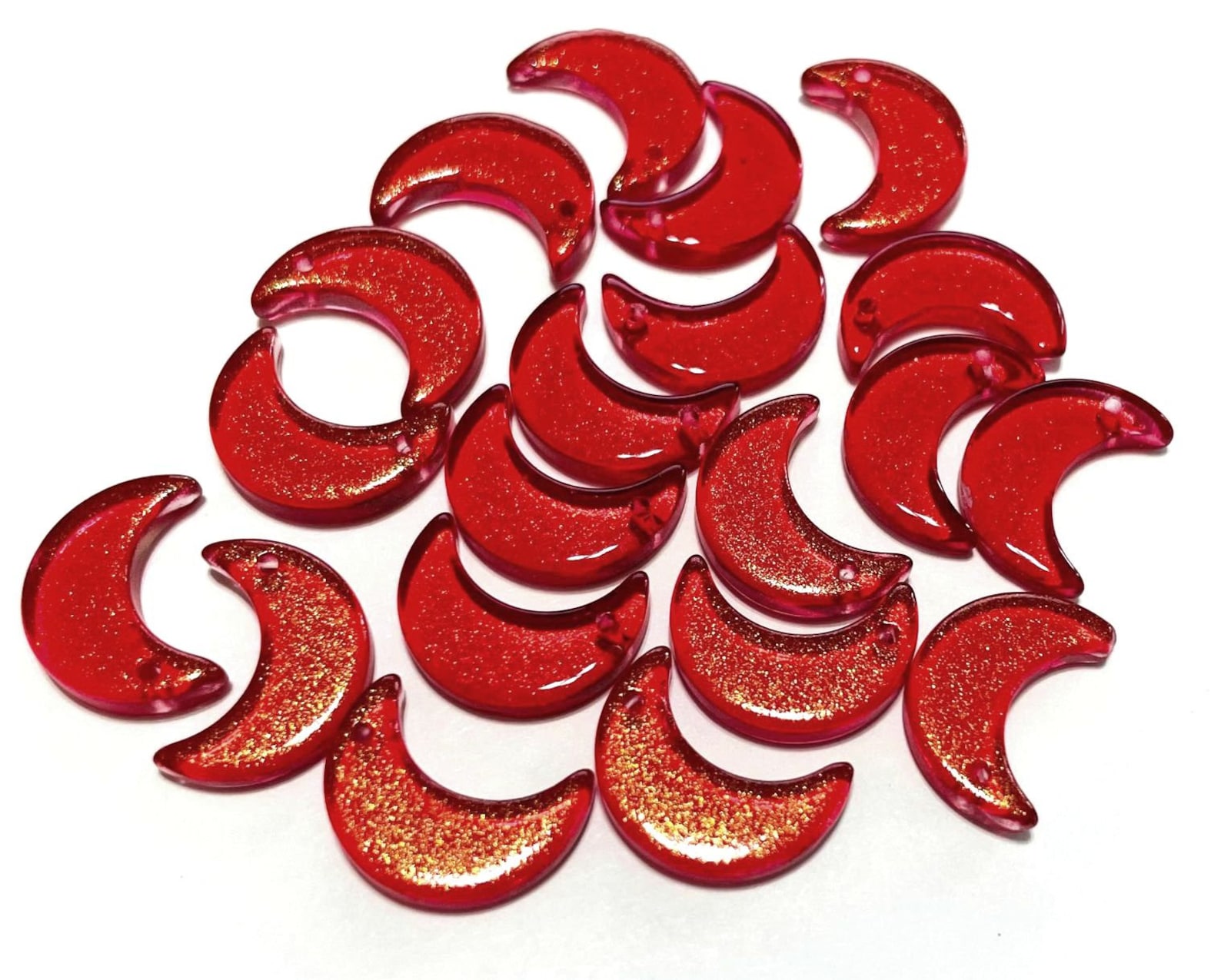 20pcs of Red Crescent Moon Glass Beads With Silver Glitter Powder (no ...