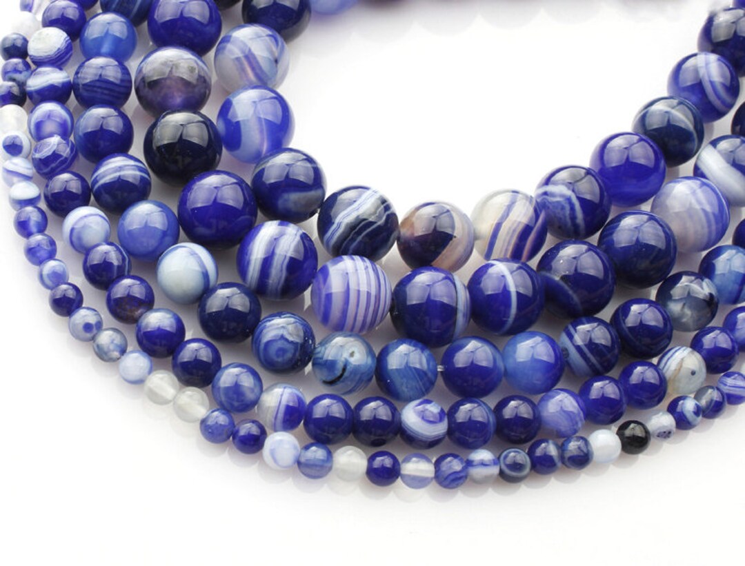 1 Strand of Blue Striped Agate Round Natural Stone Beads 4mm 6mm 8mm ...