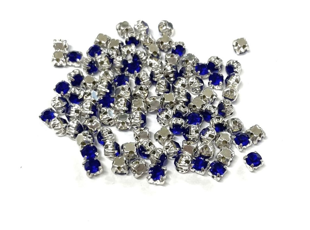100 Blue Sew on Rhinestones 5mm Round Crystals With Silver Setting( No ...