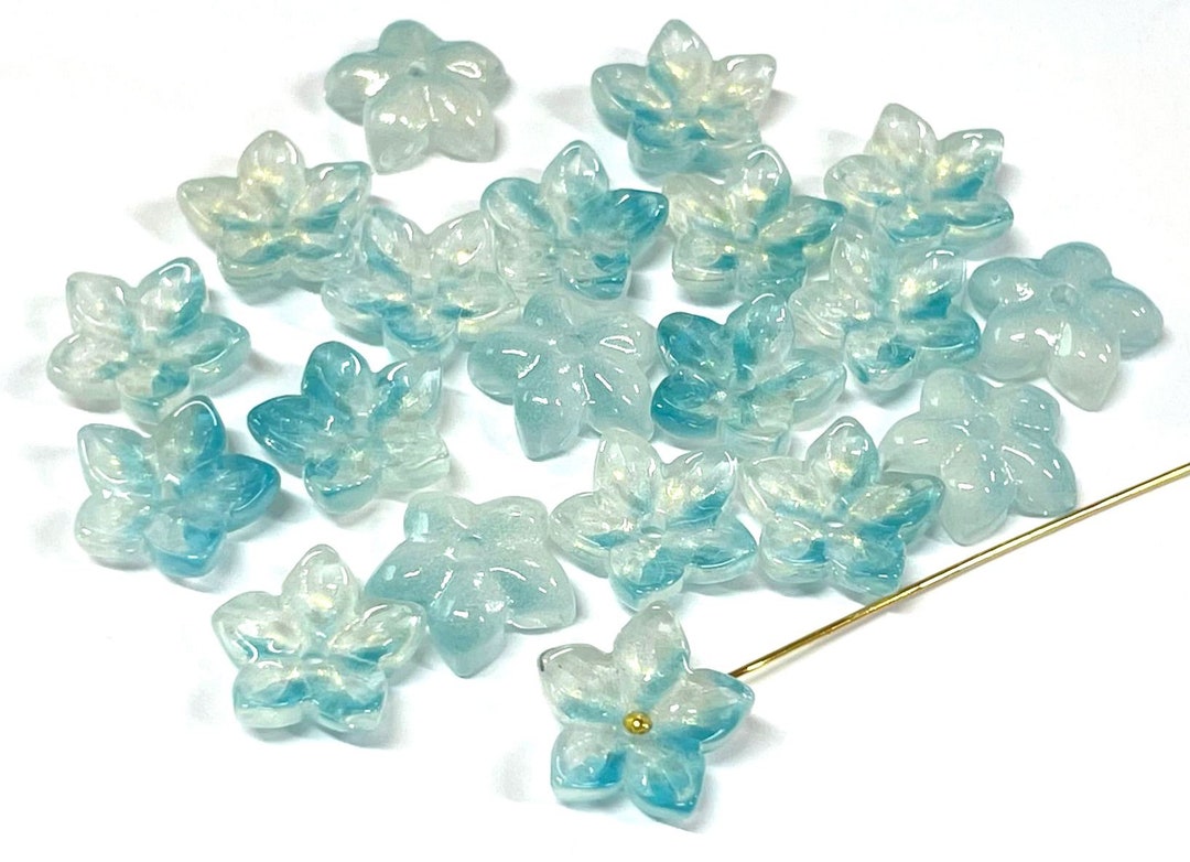 20pcs of Blue Gradient Flower Beads With Gold Glitter Powder 13mm Glass ...