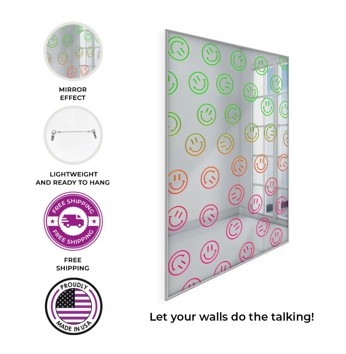 Have a Happy Day Mirror Wall Art, Happy Face Cool Decor, Emoji Wall ...